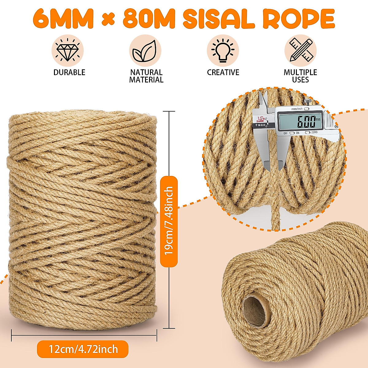 HezzLuv 262FT/80M Cat Scratching Sisal Rope, 6mm Thick Natural Jute Rope for Scratch Posts, Cat Trees, DIY Projects, Sisal Rope for Cat Scratcher with 2 Cat Mouse Toys (262ft)