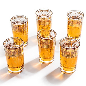 The Wine Savant Gold Moroccan Glasses Artisan Hand-Made Multipurpose 220 ml 7.5 oz Tea and Wine Morrocan Tumbler Marrakech & Casablanca Tea Cups Set of 6