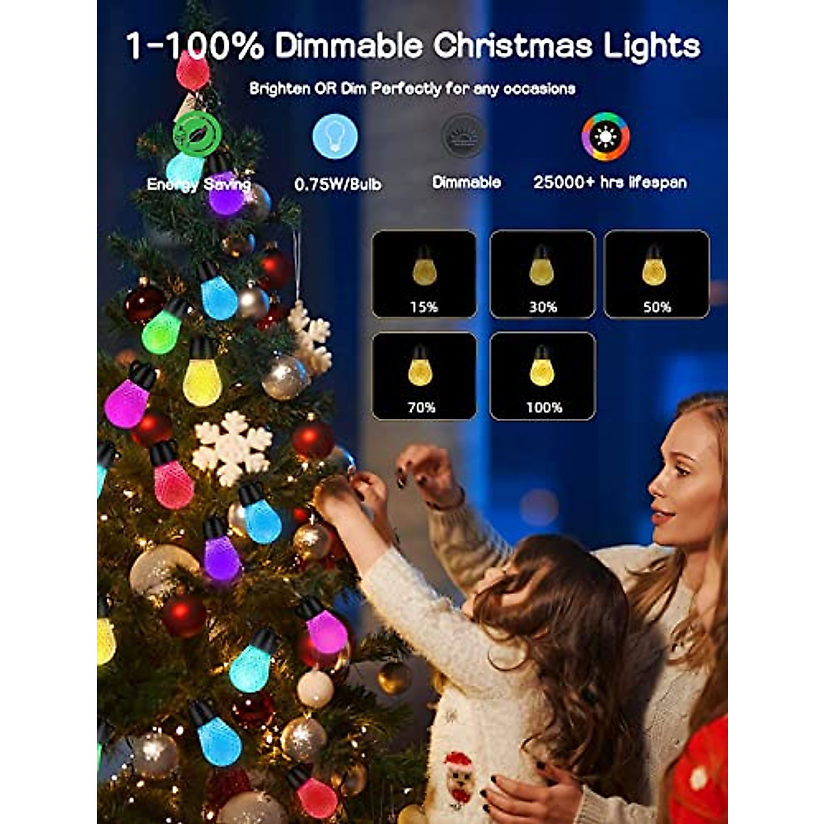 YSJ 49ft Outdoor String Lights for Outside, RGBW Patio Lights with App and Remote Control, IP66 Waterproof, Shatterproof, 8 Scene Modes, with 15 Dimmable LED Bulbs for Balcony, Cafe, Backyard, Garden