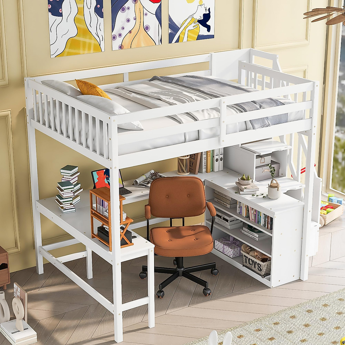 Merax Wood Full Size Loft Bed Frame with Built-in L Shaped Desk & 3 Storage Shelves & Attached Storage Stairs for Kids, No Box Spring Needed, White