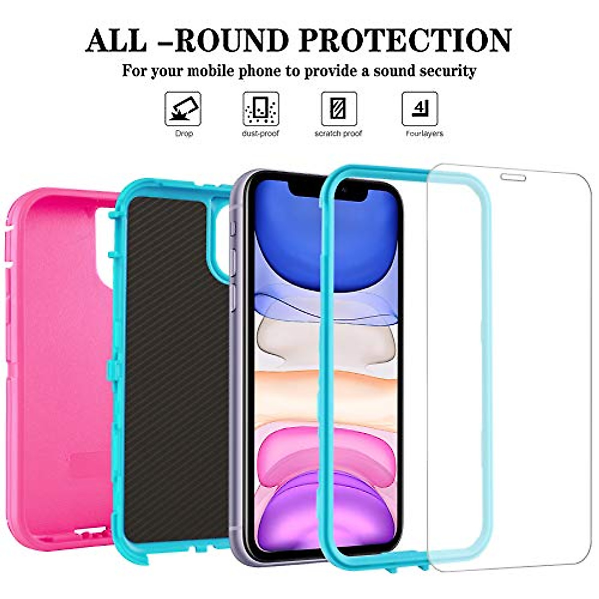 GYJ for iPhone 11 Case with 2 Screen Protector, Drop Protection Full Body Heavy Duty Rugged Military Grade Cover, Shockproof/Drop Proof Durable Phone Case iPhone 11 6.1" [Pink+Blue]