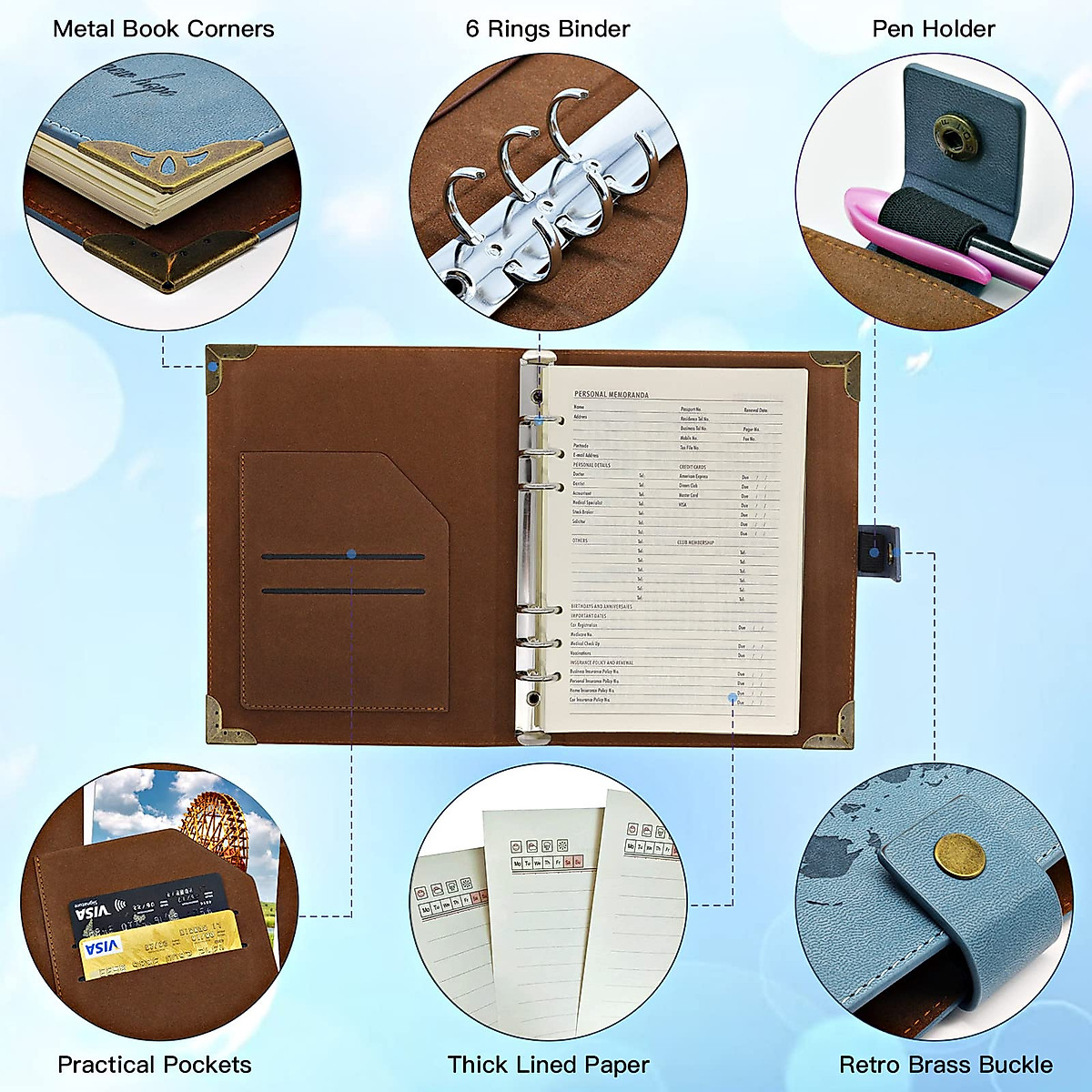 SEEHAN A5 Binder Leather Journal Lined Paper Notebook A5 Planner 200 Pages,“World Map” A5 Writing Notebook 6 Rings Binder Travelling Journals for Mens Womens