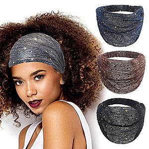 CAKURE Sequin Wide Headband Black Turban Headbands African Glitter Head Wraps Stretchy Bling Hair Wraps Hair Bands Yoga Running Sport Hair Accessories for Women and Girls