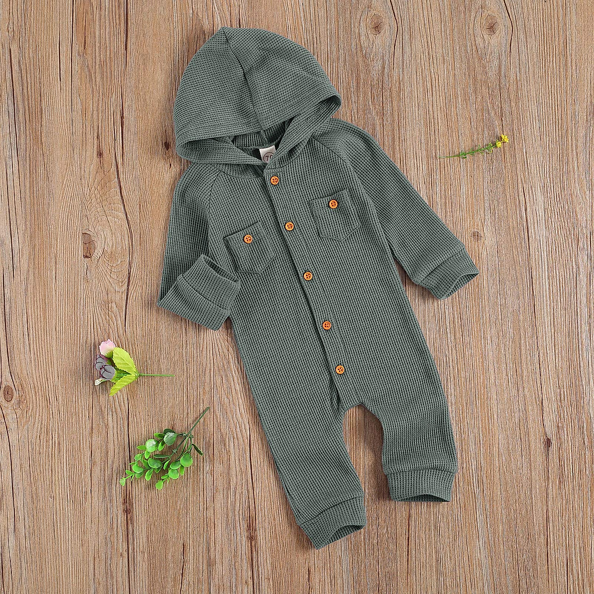 Kuriozud Newborn Unisex Baby Boy Girl Hoodie Romper Solid Long Sleeve One Piece Hooded Jumpsuit Waffle Outfit (Grey, 3-6 Months)