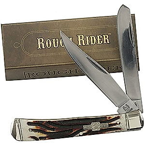 S.S. Folding Knives Rough Rider Stag Bone Handles Trapper Pocket Knife Rr154 2 Open Folding Blades Outdoor Survival Hunting Knife for Camping by Survival Steel