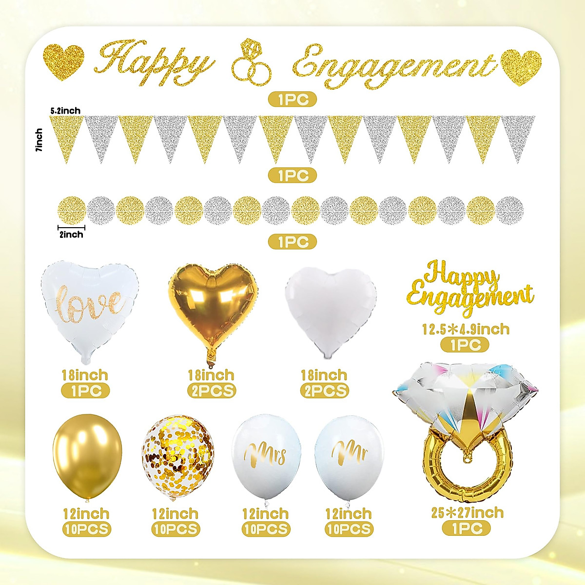 BANBALLON Engagement Party Decorations Gold and White Banner Balloons Cake Toppers Mrs and Mr Balloons Decorations for Engagement Theme Party Wedding Bridal Party Decorations Supplies (Style 01)
