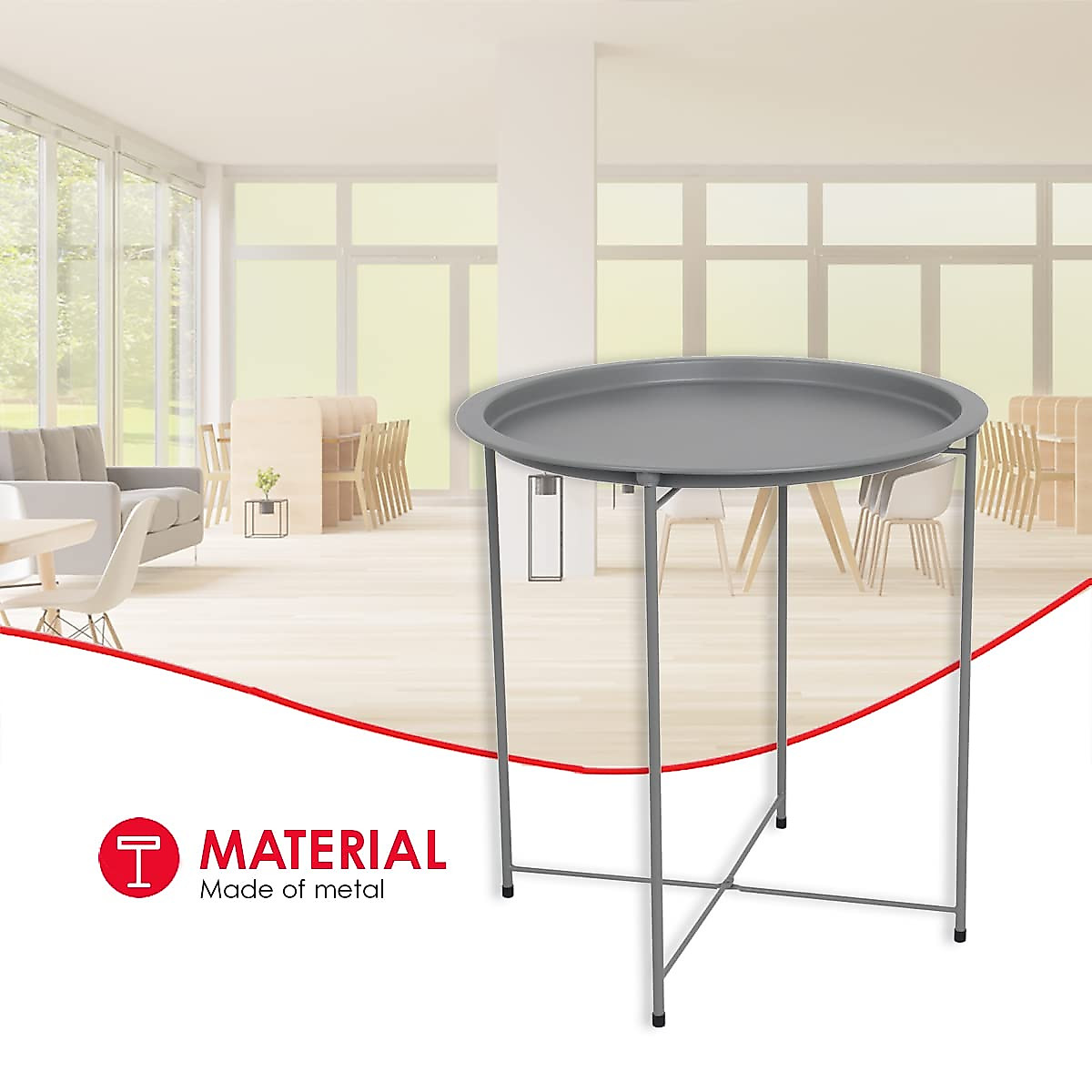Home Basics , Matte Grey Foldable Round Multi-Purpose Metal Side Accent, Coffee, End Table for Bedroom, Living Room