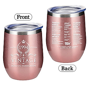 Greatingreat 30th Birthday Gifts for Women and Men - 1994 30th Birthday Decorations - 12 Oz Insulated Stainless Steel Wine Tumbler with Lid for Her Wife Mom Aunt Friend, Rose Gold