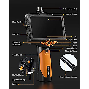 Teslong Inspection Camera, Dual Lens Endoscope Camera with Light 5" IPS Screen Digital Industrial Borescope,1080P Endoscope Waterproof Flexible Probe Borescope Camera with Light(16.4ft)