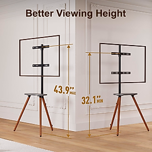 ECOTINY Tripod Easel TV Stand for 40 to 65 Inch LCD LED OLED Screen, Height Adjustable and Swievel TV Stand, Portable Corner TV Floor Stand with Wooden Tray, VESA 400x400mm, Minimalist Black Walnut