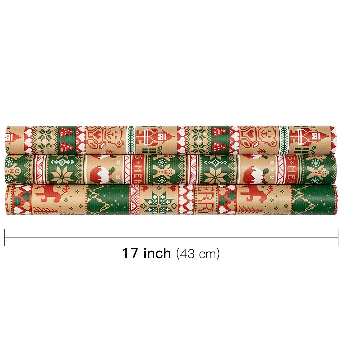 RUSPEPA Christmas Wrapping Paper Rolls - 17 inches x 10 feet per Roll, Total of 3 Rolls - Red and Green