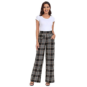 HDE Super High Waisted Wide Leg Pants Tailored Office Work Trousers with Pockets Fall Plaid - XL