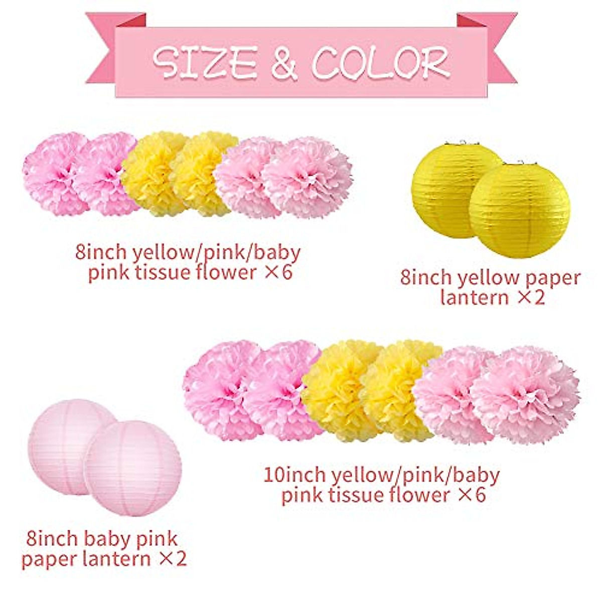 HappyField Sunshine First Birthday Decorations You Are My Sunshine Party Decorations Baby Shower Decorations Yellow Pink Tissue Pom Poms Paper Lantern for Wedding Bridal Shower Sunshine Party Supplies