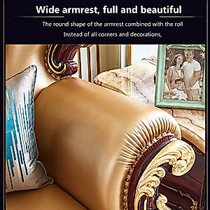 DEKIST Single Solid Wood Sofa, European-Style Leather Red Sandalwood Oak Sofa,5D Double-Sided Carved Luxury Villa Sofa, Suitable for Living Room, Villa, Indoor, Club, Apart