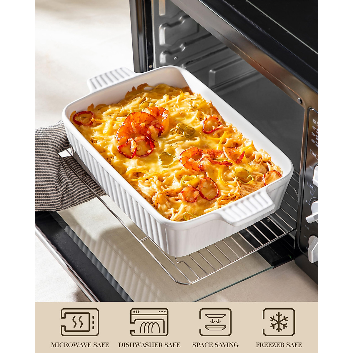 MALACASA 4.4 QT Baking Dish, 9x13 Large Casserole Dish for Oven, Ceramic Baking Pan, Rectangular Lasagna Pan Deep with Handles for Baking, Durable Microwave Oven Safe, White, Series BAKE-BAKE