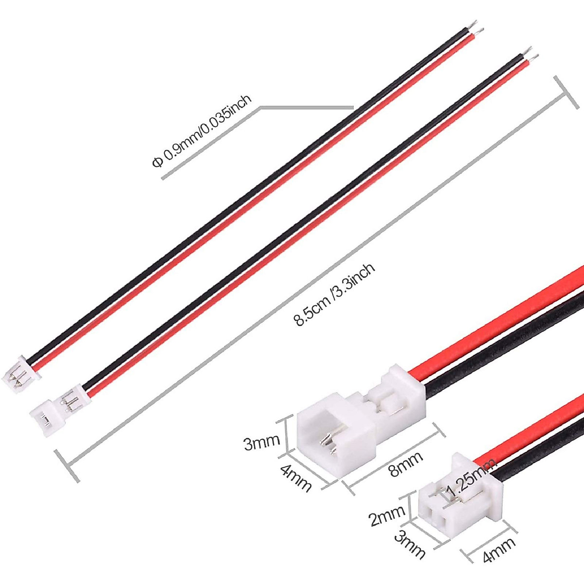 Letool 30 Pairs JST 1.25mm 2 Pin Micro Male Female Connector Plug with Red Black Wire Cable 80mm