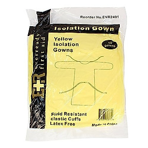 Ever Ready First Aid Isolation Gown with Elastic Wrists, Fluid Resistant, Yellow (Pack of 10)