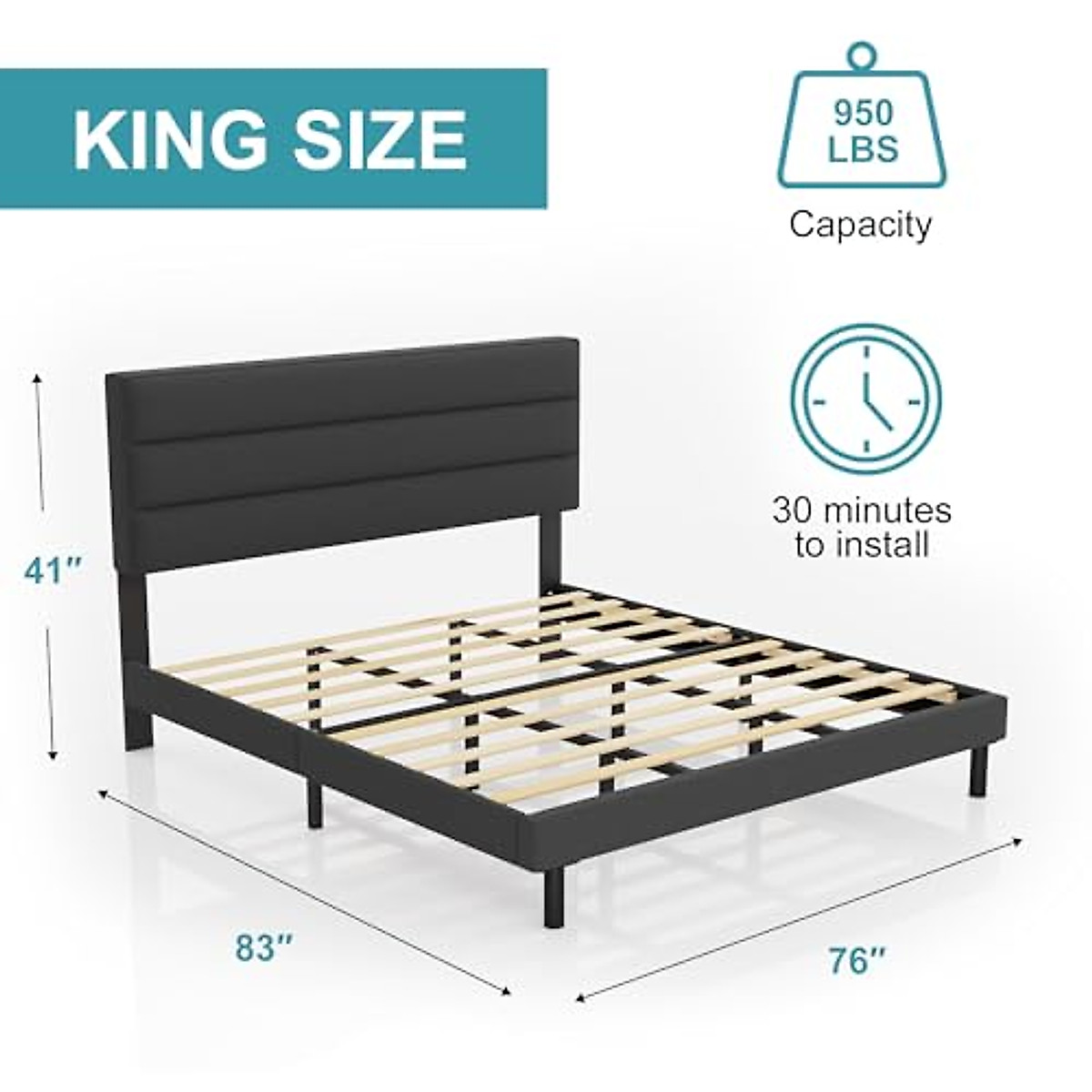 IYEE NATURE King Size Bed Frame Frame with Headboard,Sturdy Platform Bed with Wooden Slats Support,No Box Spring,Mattress Foundation,Easy Assembly,Dark Grey