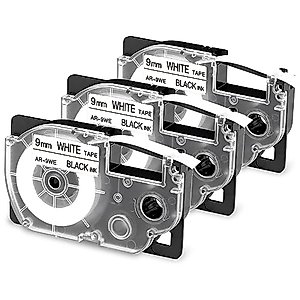 XR-9WE Replace for Casio Label It Tape 9mm 3/8'' XR-9WE XR9WE XR-9WE2S Black on White Tape Cassette Comaptible Casio EZ Label Printer KL-750 KL-60 KL-100 KL-120 KL-430 KL-780 KL-7200, 3-Pack