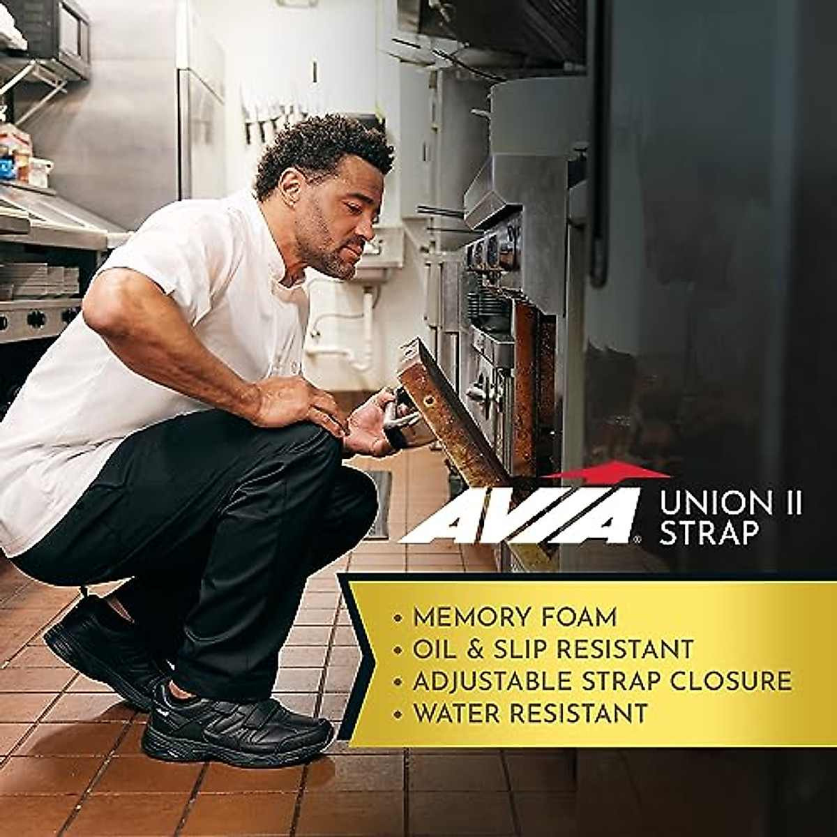 Avia Avi-Union II Strap Non Slip Shoes for Men, Hook and Loop Mens Walking Shoes with Memory Foam - Black/Dark Grey, 10.5 Wide