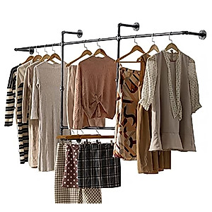 ZYUXUAN Industrial Wall Clothes Rack, Heavy-Duty Clothing Rack, Pipe Style Garment Rack with Four Hanging Rods for Bedroom, Laundry Room, Retail Store, Rustic Black (four hanging rods)