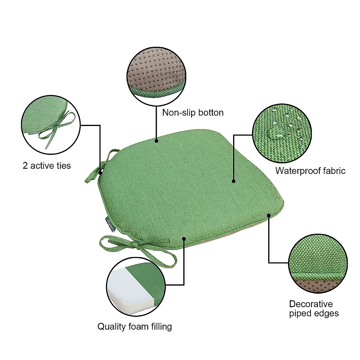 COZPLEN Outdoor Non Slip Chair Pad, Bistro U-Shaped Dining Chair Seat Cushions with Ties, 14x14 inch, Set of 2, (Black)