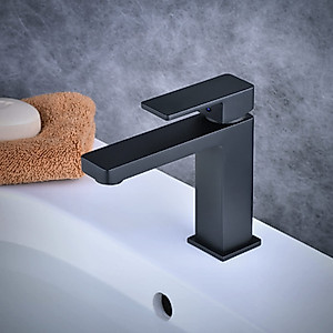 Matte Black Single Hole Bathroom Vanity Faucet, NEWRAIN Brass Single Handle Bathroom Faucet with Pop-up Sink Drain Assembly & Faucet Supply Lines