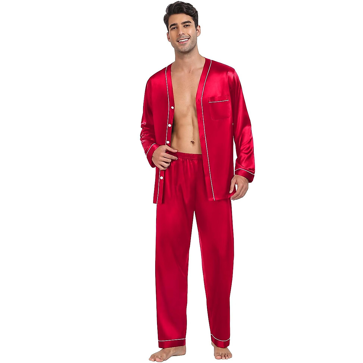SWOMOG Satin Couples Matching Pajamas Set Silk Long Sleeve Sleepwear Nightwear Loungewear Red