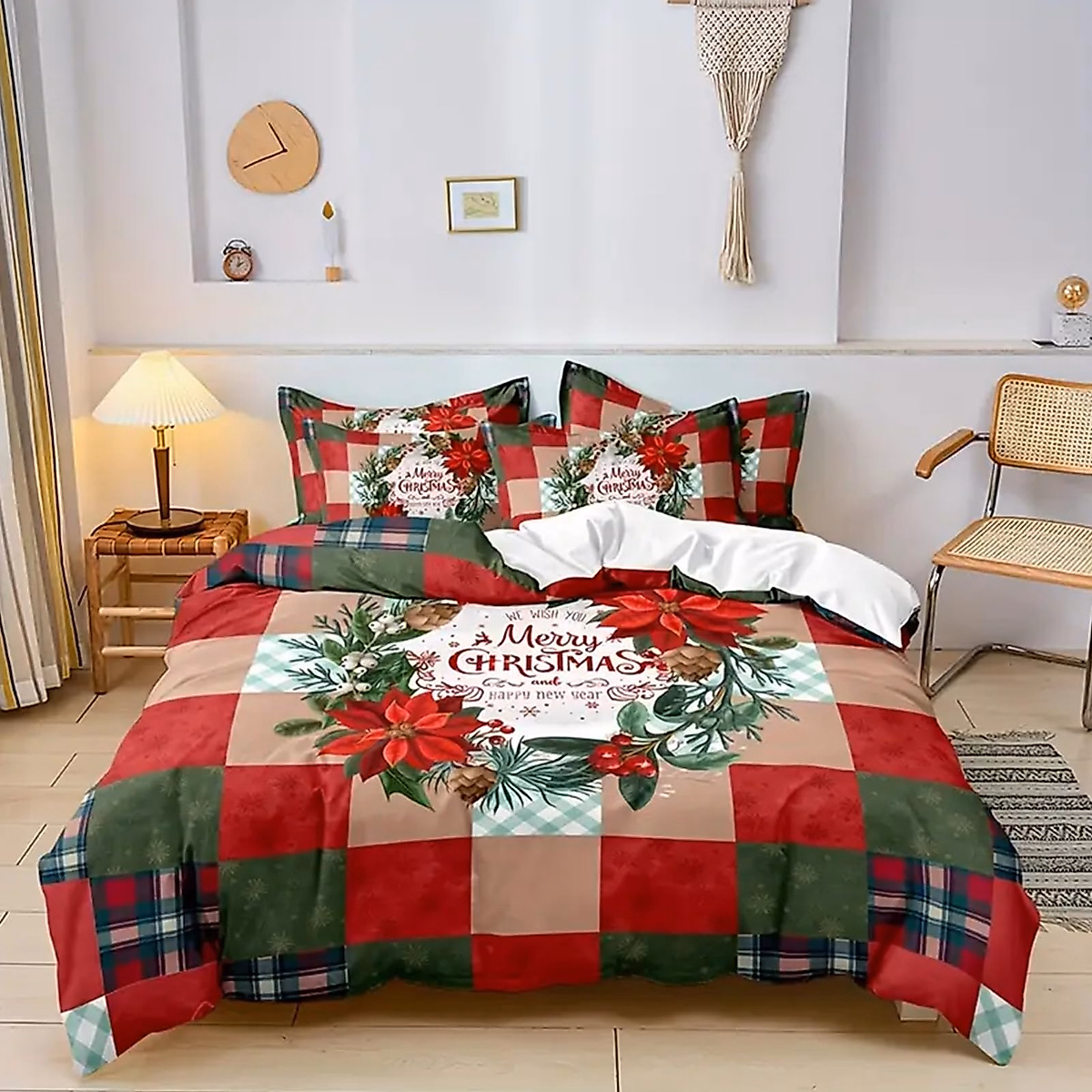 ZIRANSHU Christmas Duvet Cover King Size, Christmas Floral Wreath Comforter Cover Holiday Decoration Christmas Theme Bedding Set with Zipper Closure Printed Quilt Cover (1 Duvet Cover + 2 Pillowcase)