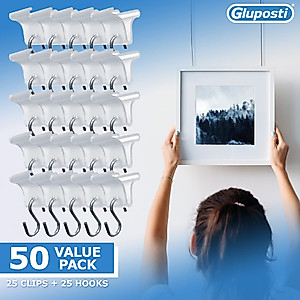 25 Clear Ceiling Grid Clips & 25 Steel S-Hook Sign Hanging Kit, Light Duty Suspended Tile Drop Ceiling Hooks for Hanging Classroom Decorations, Office Decor, Commercial Retail Signs, 0.75" W x 1" H