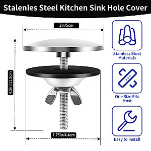 2 Inch Kitchen Sink Hole Covers, Faucet Hole Cover Stainless Steel Wash Basin Kitchen Sink Tap Hole Plate Stopper, Sealed Decoration Hole Cover (Silver)