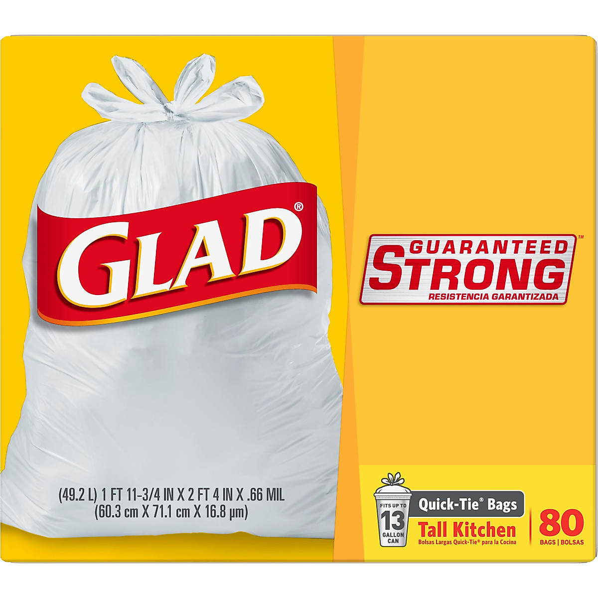 GLAD Tall Quick-Tie Trash Bags, 13 Gallon White Trash Bags for Tall Kitchen Trash Can, 80 Count - Packaging May Vary