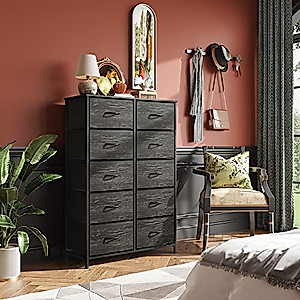 WLIVE 10-Drawer Dresser, Fabric Storage Tower for Bedroom, Hallway, Nursery, Closets, Tall Chest Organizer Unit with Fabric Bins, Steel Frame, Wood Top, Pull Handle, Charcoal Black Wood Grain Print