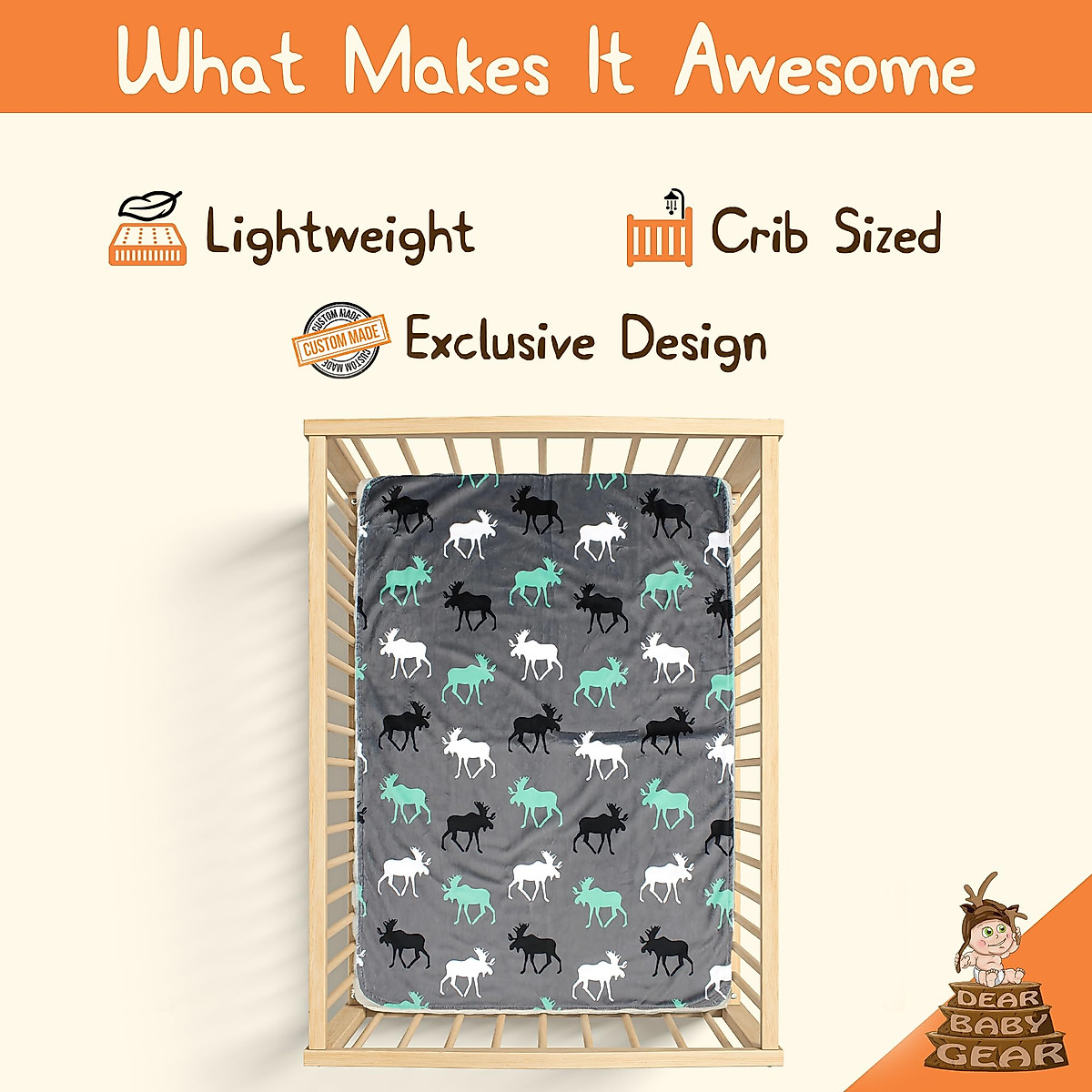 Dear Baby Gear - Premium Car Seat Baby Blanket - Soft Swaddle Blanket for Baby Girls and Boys, Plush Blankets - Adorable Designs, Comfortable Fabric - White Gray and Mint, Moose(40 x 30 inches)