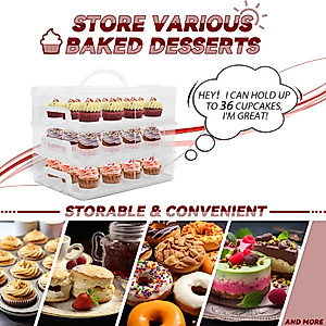 LEPump Cupcake Carrier, 3-Tiers Cupcake Containers, Holds 36 Cupcakes or 3 Large Cakes, Cupcake Holder, Cupcake Box with Lid and Handle (White, Basic)