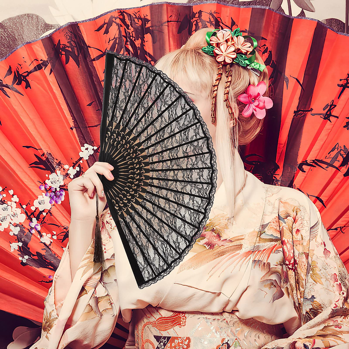 OULII Hand Fan Paper Fans Wedding Fans for Party Favor Fancy Dress (Black)