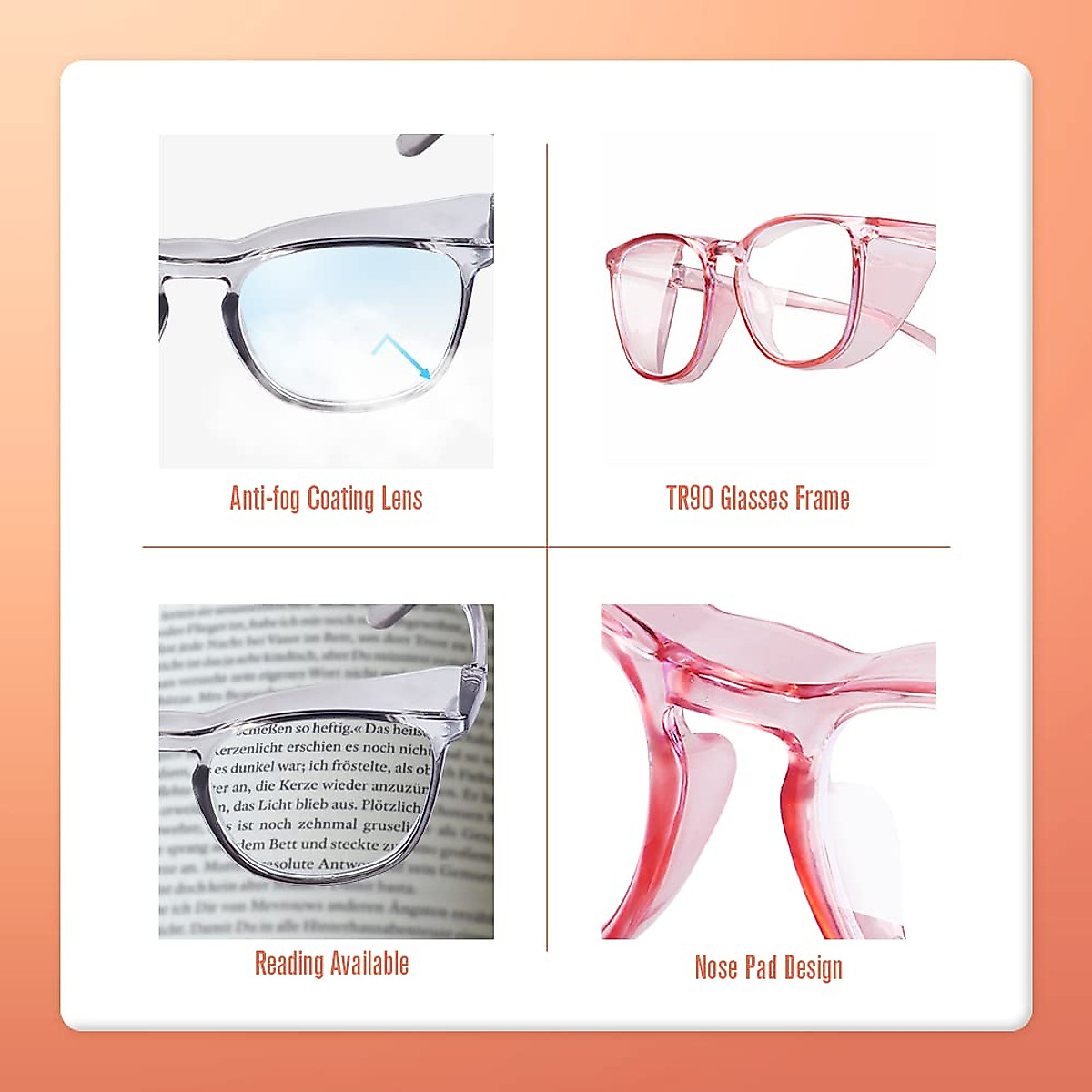 4-Pack Fashion Safety Glasses Goggles Anti Fog for Women Man Ansi Z87.1 Safety Glasses Anti Blue Light / Anti-Scratch / Anti-pollen Protective Eyewear for Nurse Dental and Daily Use Reading Available