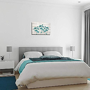 SUMGAR Canvas Wall Art Bedroom Rustic Blue Flower Pictures Farmhouse Decor Teal Floral Paintings Turquoise Framed Artwork Grey Prints Gray Bathroom Decorations Mom Gifts,16x24 inch