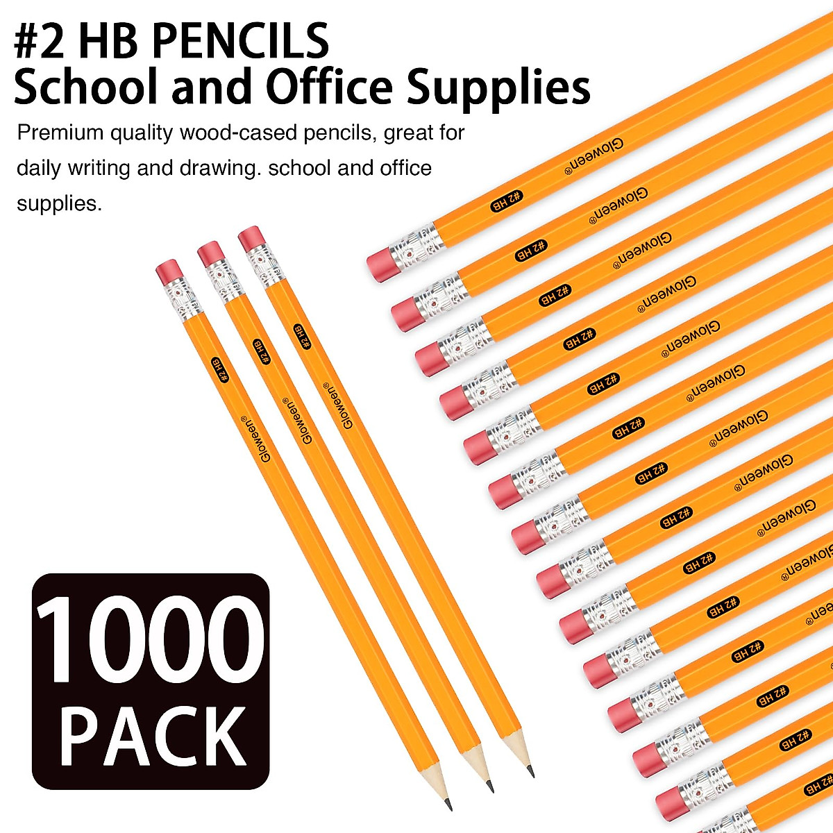 Gloween Wood-Cased #2 HB Pencils Bulk, 1000 Pack Pre-Sharpened Yellow Pencils for Office School Supplies
