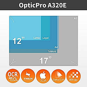 Plustek OpticPro A320E - A3 CCD Flatbed Scanner, 12" x 17" scan Area with 800dpi scan Resolution. ICA & Twain Compliant.