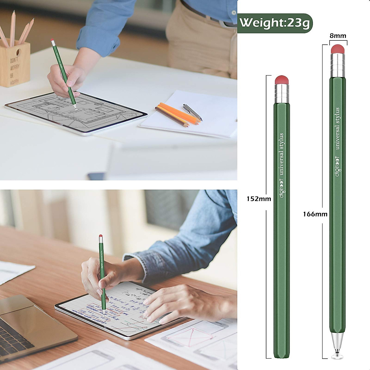 Digiroot Universal Stylus, Disc & Fiber Tip 2-in-1 Rotatable Stylus for Apple/iPhone/Ipad pro/Mini/Air/Android/Microsoft/Surface with 3 Replacement Tips - (Green)