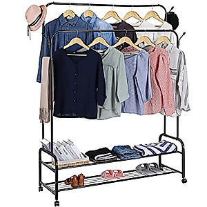 OYEAL Clothing Rack with Shelves Freestanding Garment Rack Clothing Rack on Wheels for Indoor Bedroom Hanging Clothes Hats and Shoes Black