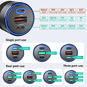 130W USB C Car Charger, PD 100W PPS 45W QC 30W Type C Super Fast Charging LED Cigarette Lighter USB-C Car Adapter for iPhone 13 12 Pro Samsung S22 S21 Ultra Note 20 iPad MacBook Pro Air Laptop