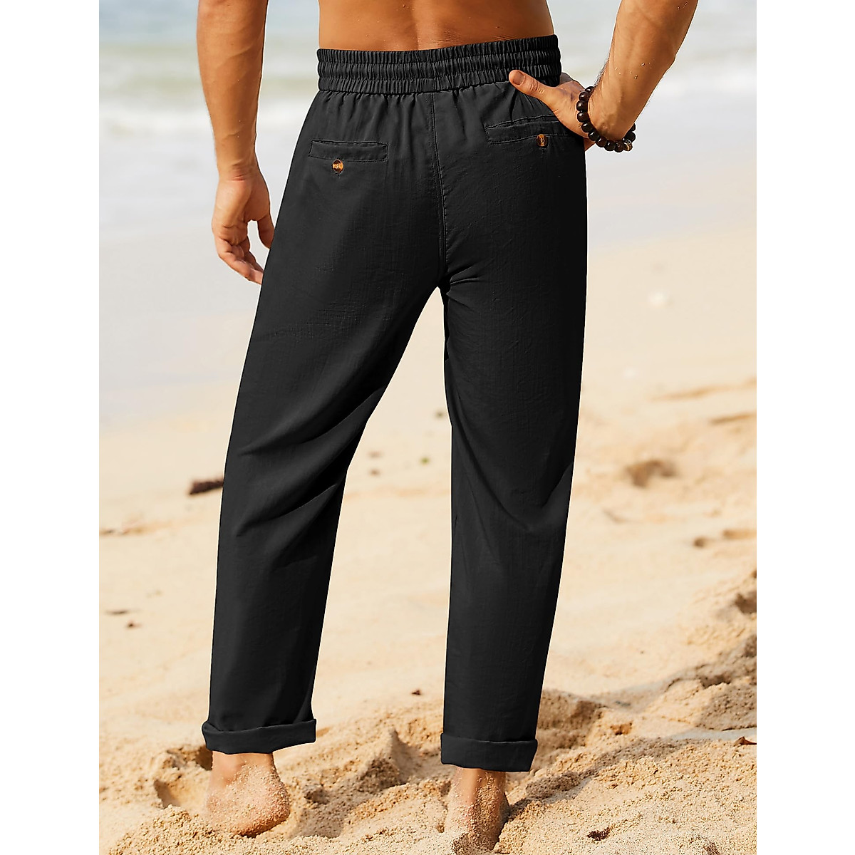 iWoo Mens Elastic Waist Drawstring Pants Summer Beach Pants Linen Yoga Pants Black XL