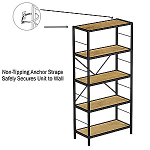 Lavish Home 5-Tier Bookshelf-Open Industrial Style Etagere Wooden Shelving Unit, 63", Oak