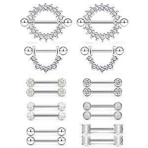 Lcolyoli 16G Cat's Eye Stone Nipple Rings Surgical Steel Dangle Nipplerings Tongue Ring CZ Straight Barbell Piercing Body Jewelry for Women Men Silver-tone