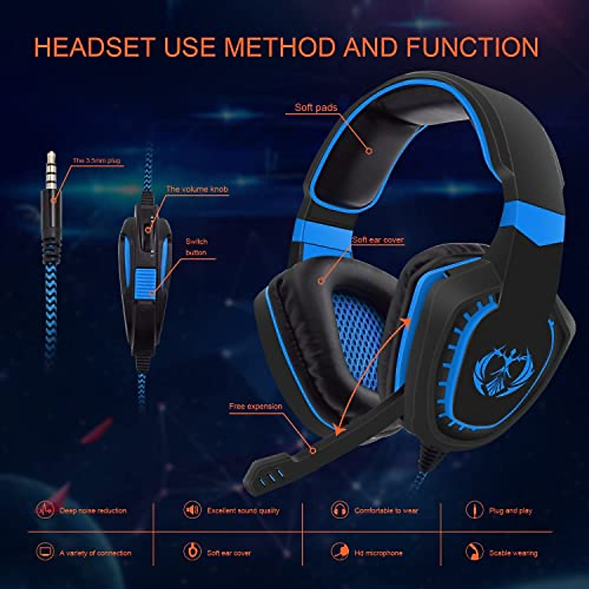 Anivia Computer Over Ear Headphones Wired with Microphone Updated AH28 3.5mm Stereo Headsets Gaming Headset with Volume Control, Noise Isolating for Multi-Platform, Black Blue