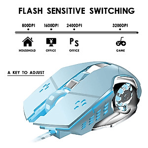 Basaltech Wired Computer Gaming Mice, 6 Buttons for Desktop Laptop Mac PC Gaming Mouse, 4 Levels DPI 800-1600-2400-3200 with 4 Colors RGB Backlit, Ergonomic Design for Professional Gamers Use