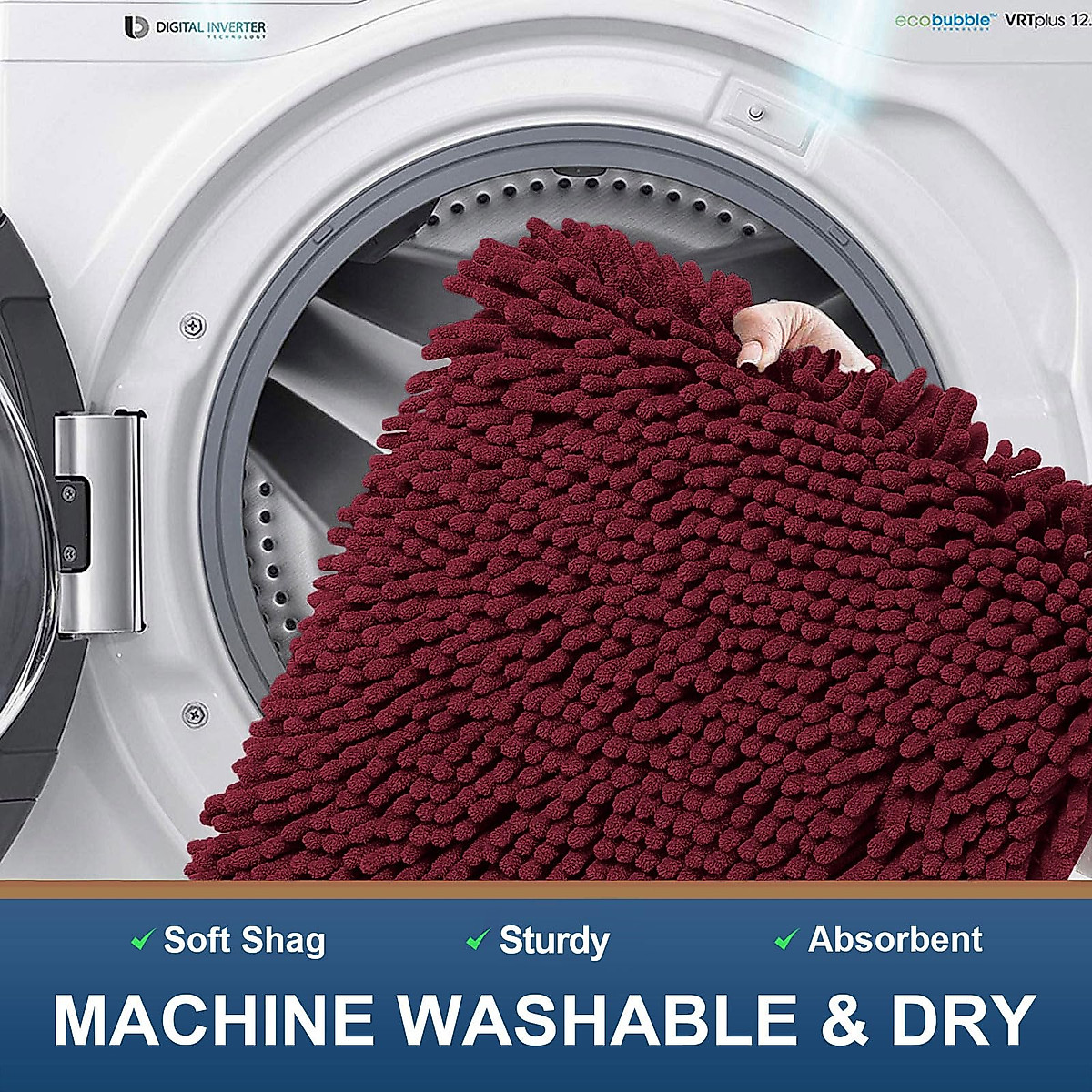 Smiry Luxury Chenille Bathroom Rugs 36x24, Extra Soft and Absorbent Shaggy Bath Mat, Machine Washable, Non-Slip Plush Carpet Runner for Tub, Shower, and Floor, Home Decor Accessories, Burgundy