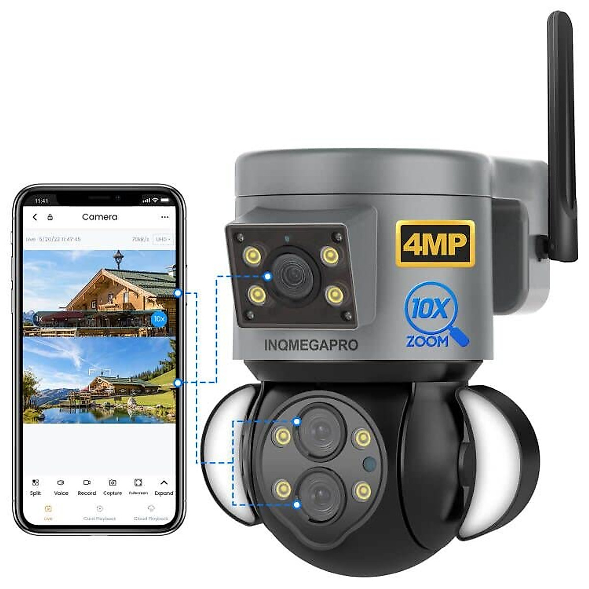 4MP Security Camera Outdoor, 10X Optical Zoom,Dual-Lens Wifi Wireless Camera,360° Pan/Tilt/Zoom Security Camera System with Motion Tracking, Two-Way Talk,Siren Alarm, Color Night Vision,Dual Screen